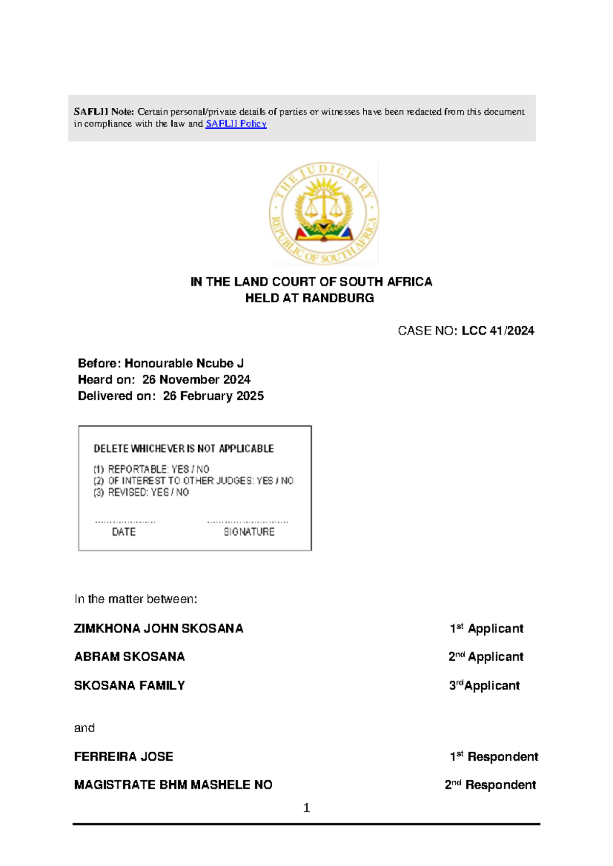 Skosana v jose 2025 - newly decided case - SAFLII Note: Certain ...