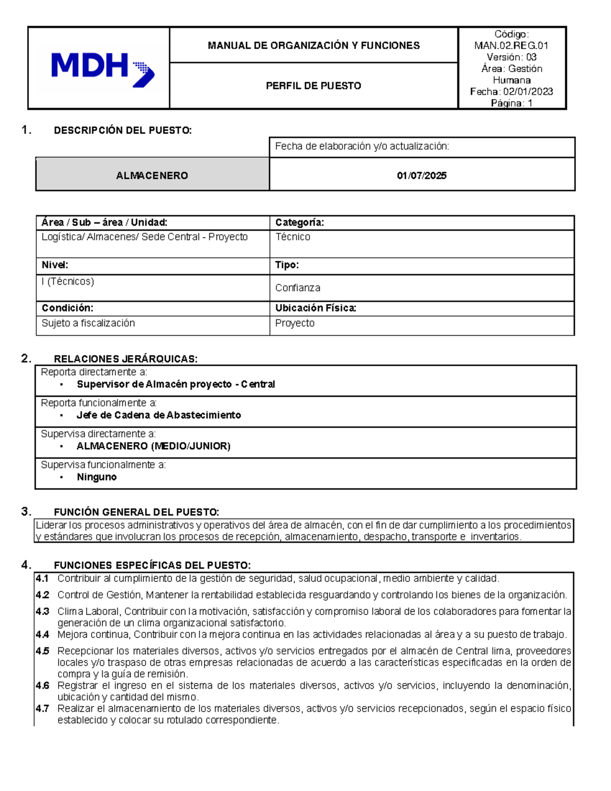 Manual de Organización y Funciones: Almacenero (Código: MAN.02.REG.01) - Studocu