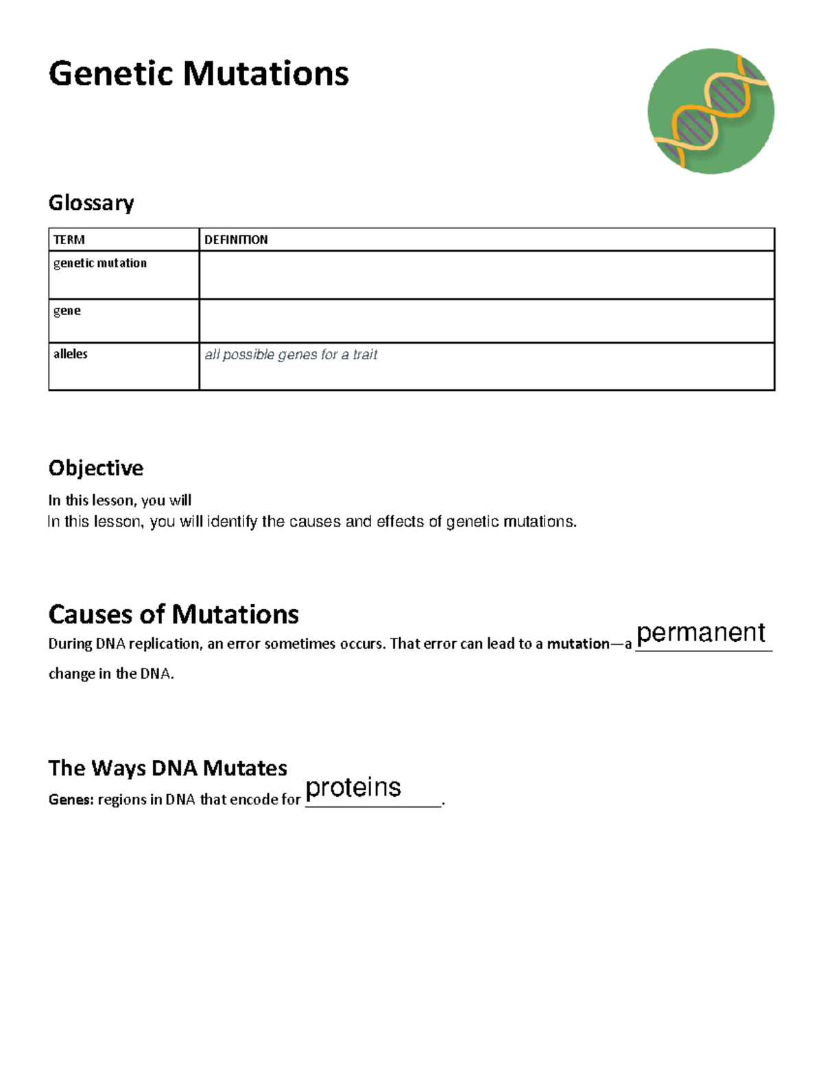 Genetic Mutations: Guided Notes for Biology Course (BIO101) - Studocu