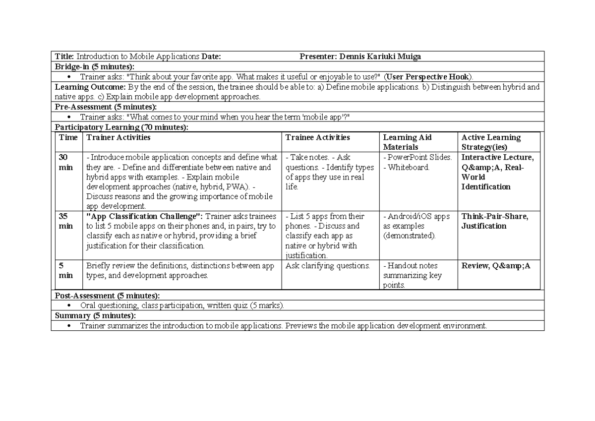 Mobile Application Development Session Plans (MAD 101) - Studocu