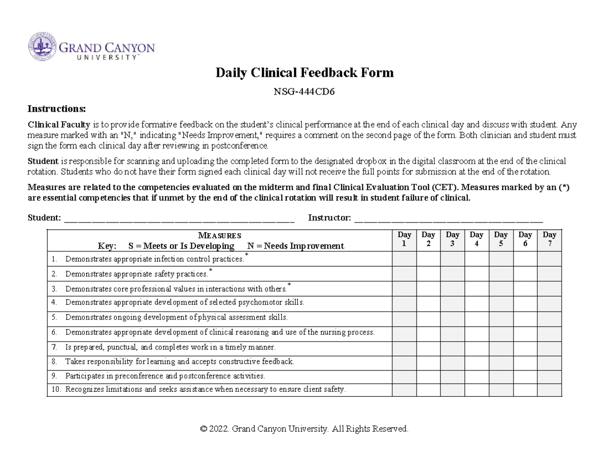 NSG 444CD6 RS Daily Clinical Feedback Form Instructions and Guidelines ...