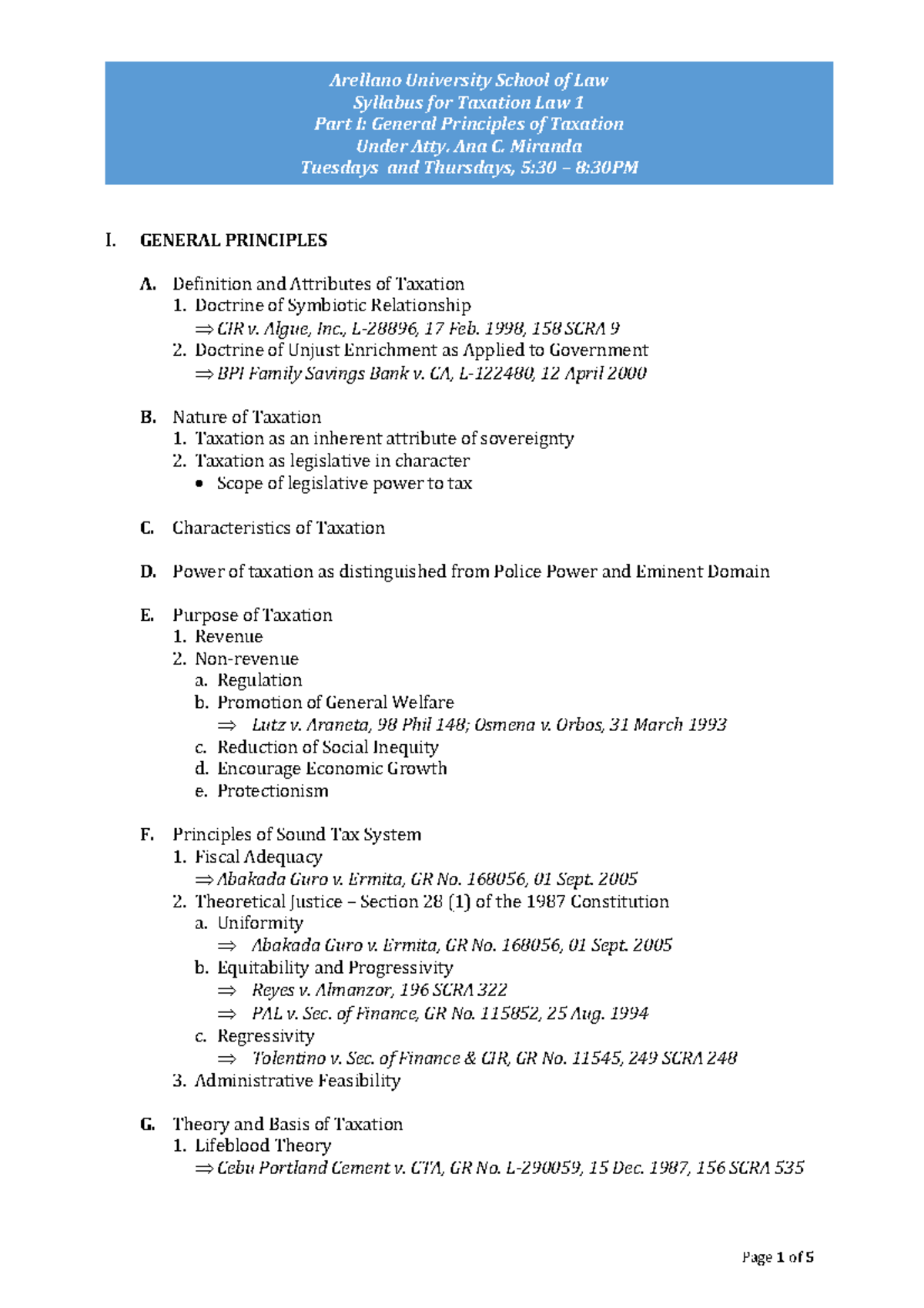 Syllabus for Taxation Law 1 (Part I): General Principles of Taxation ...