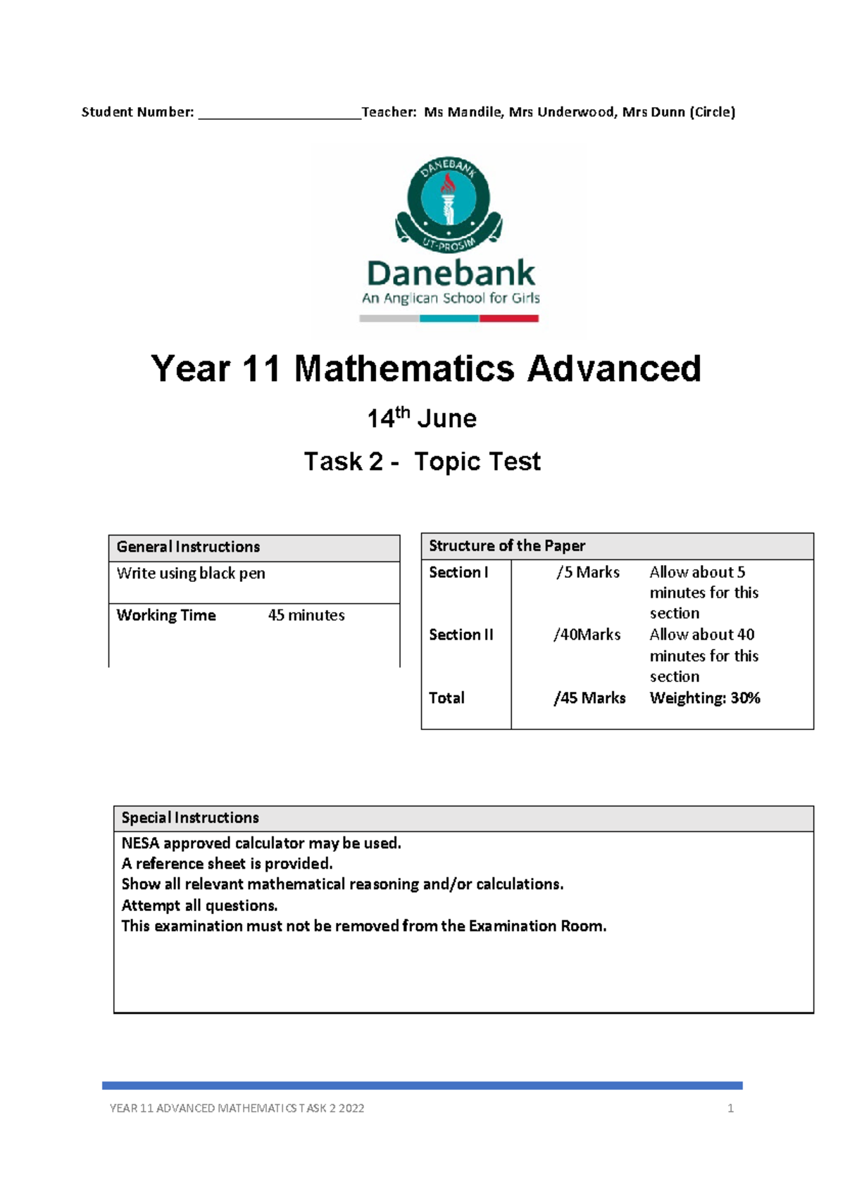 YEAR 11 Advanced Mathematics Task 2 - 2022 Exam Solutions - Studocu