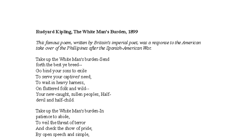 The White Man's Burden (ENG 101) - A Critical Analysis of Kipling's ...