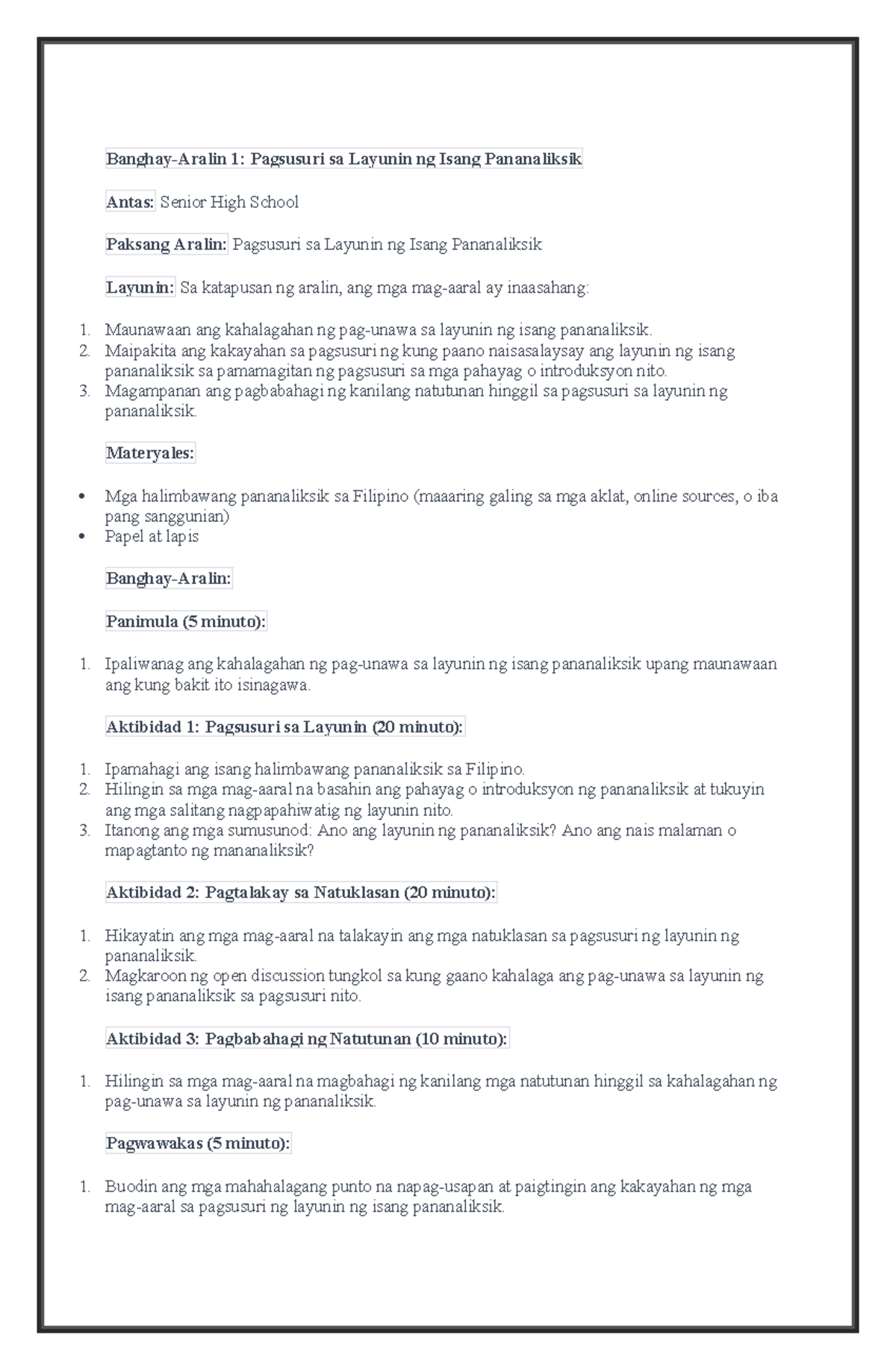 LP Pagsusuri: Layunin ng Pananaliksik para sa Senior High School - Studocu
