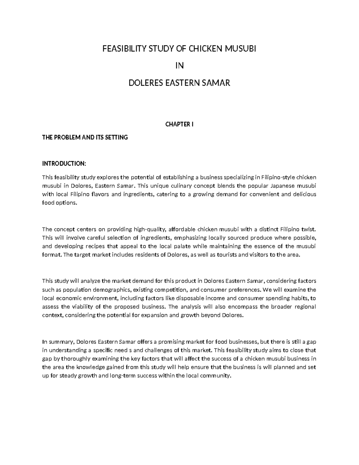 Feasibility Study of Chicken Musubi in Dolores, Eastern Samar - Studocu