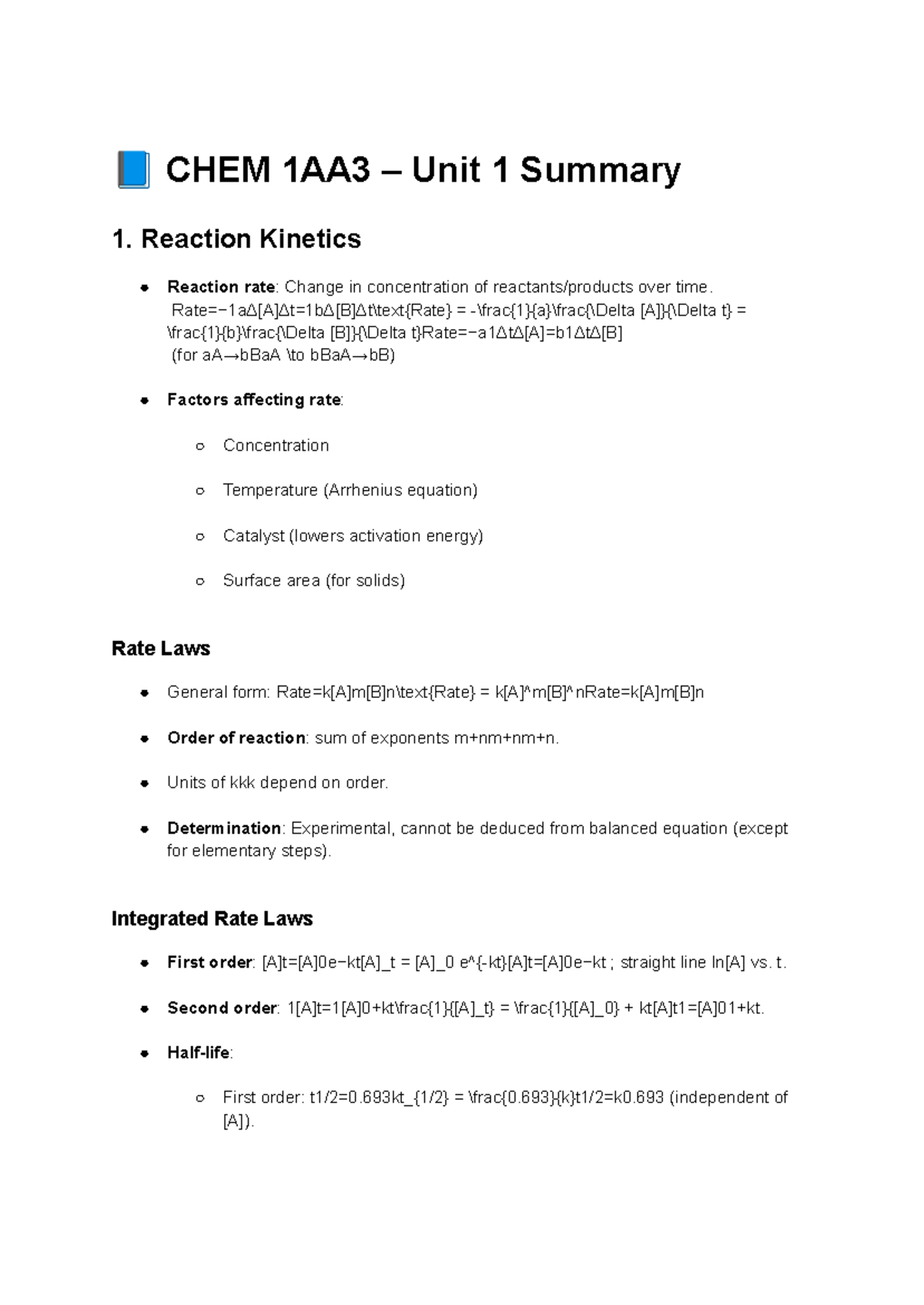CHEM 1AA3 Unit 1 Summary: Reaction Kinetics & Equilibrium - Studocu