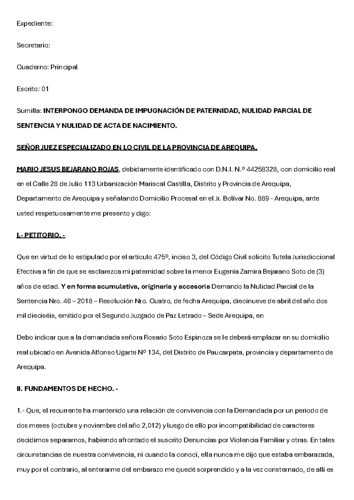 Demanda de Impugnación de Paternidad - Caso Mario Bejarano Rojas - Studocu