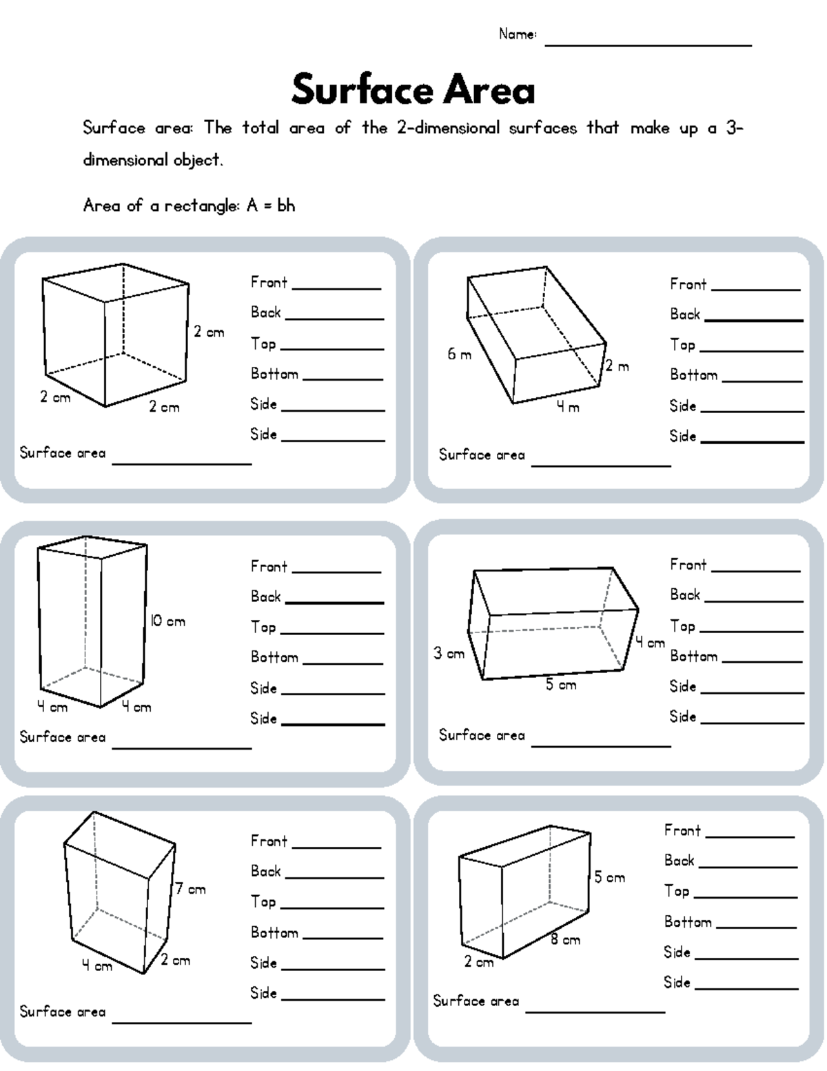 Surface Area of Rectangular Prisms - Scaffolded Worksheet 1 - Studocu