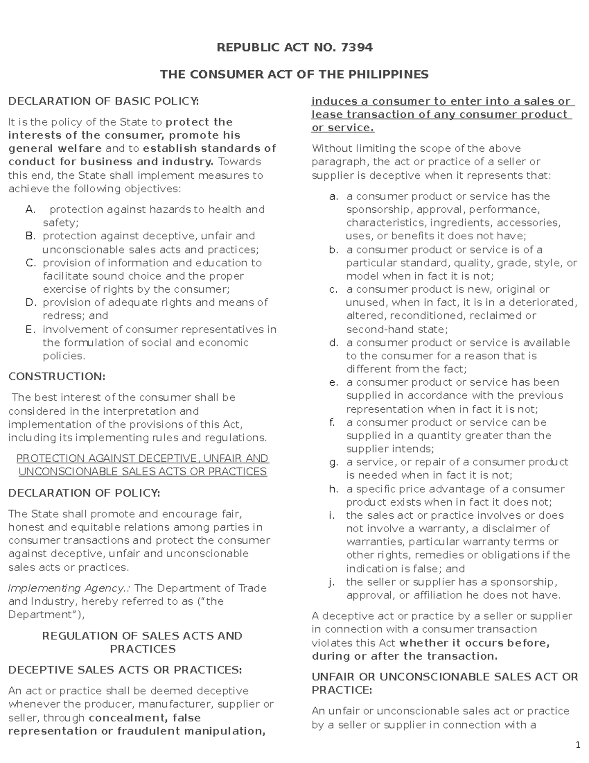 The Consumer Act of the Philippines: Overview and Key Provisions (RA ...