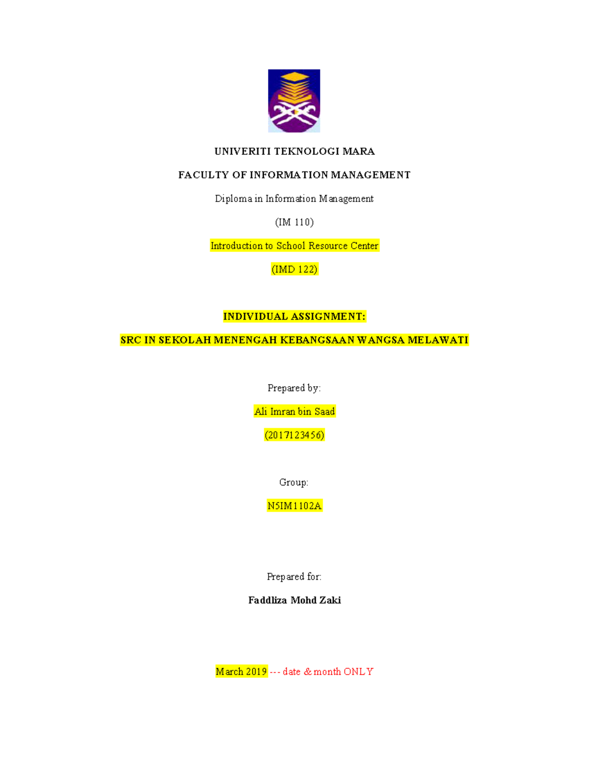 Coverpage uitm report writing format - Reference and Information ...