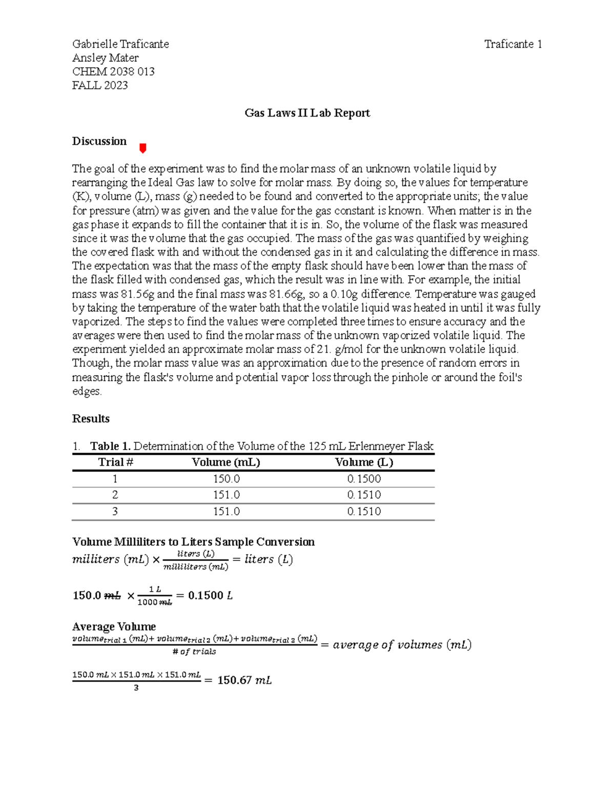 Gas Laws II Lab Report: Molar Mass Determination in CHEM 2038 013 - Studocu