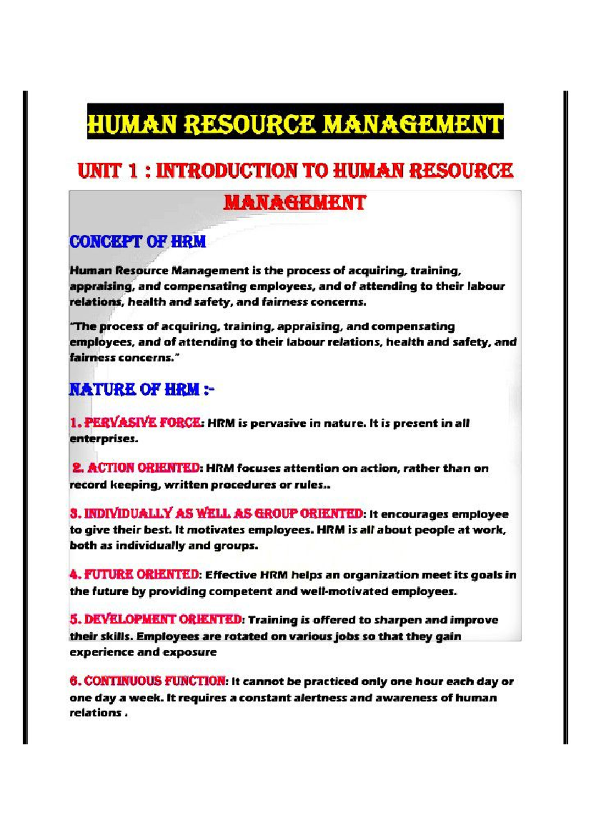 HRM 101: Comprehensive Notes on Human Resource Management Concepts ...