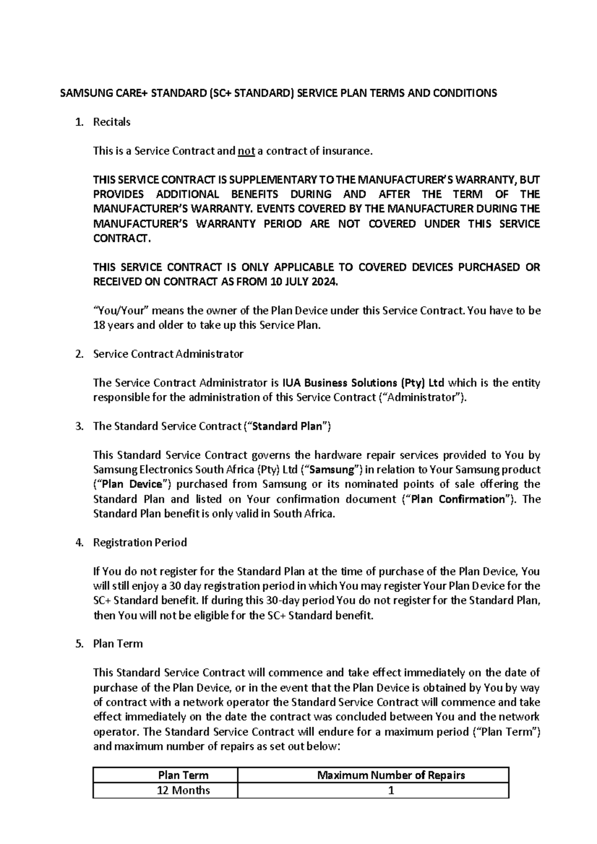 SAMSUNG SERVICE PLAN TERMS & CONDITIONS (STANDARD & PREMIUM) - Studocu