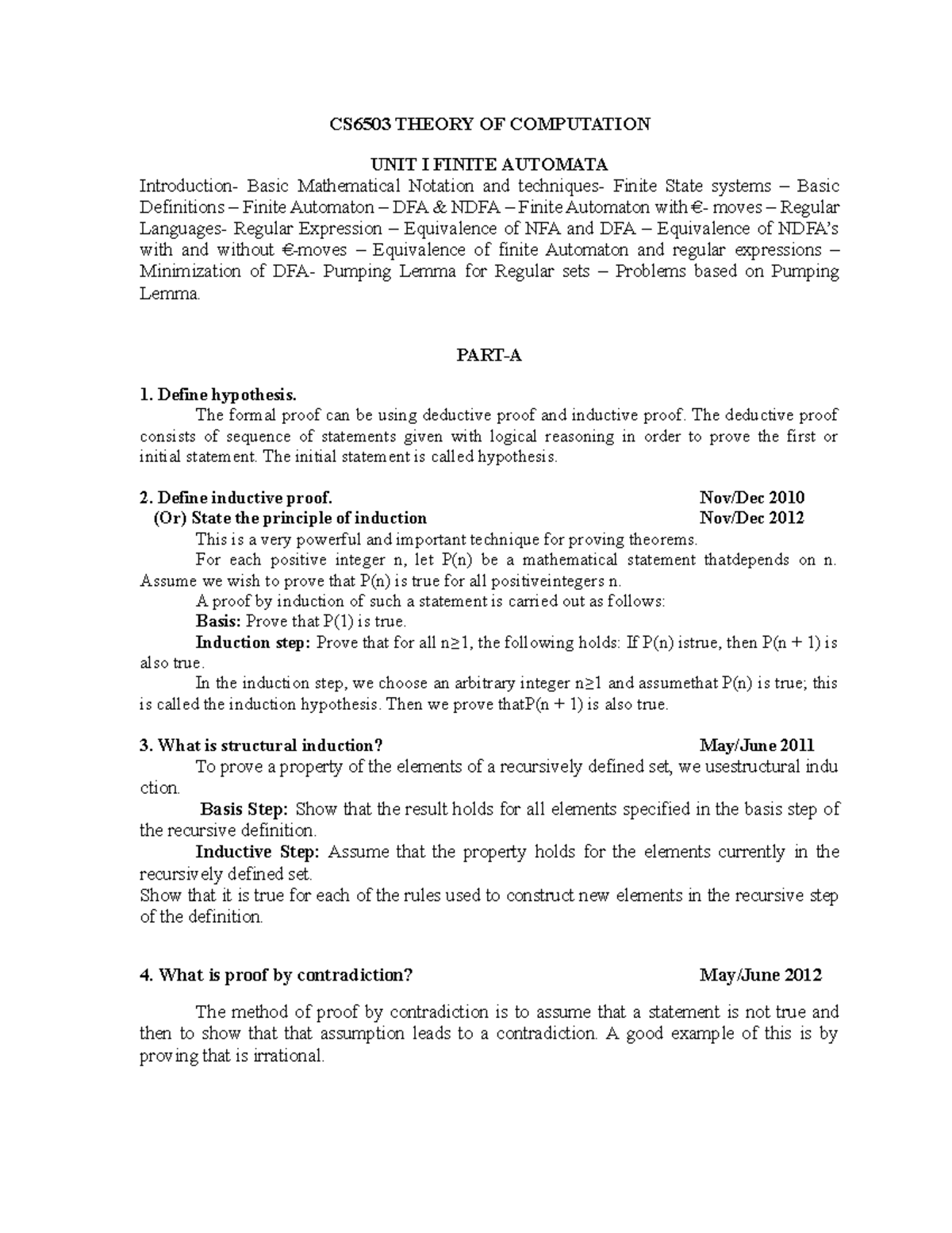 CS6503 Theory of Computation - Unit I Notes and Key Concepts - Studocu