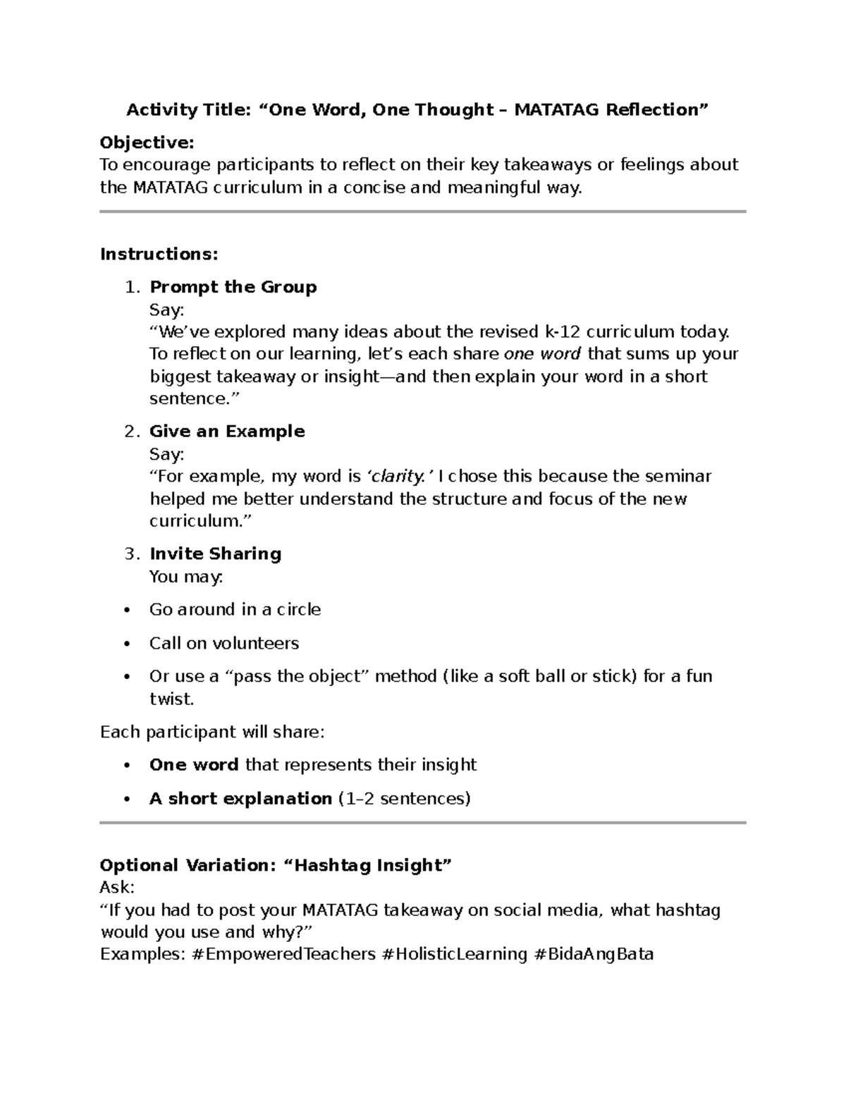 MATATAG Reflection Activity: Key Takeaways from Revised Curriculum ...