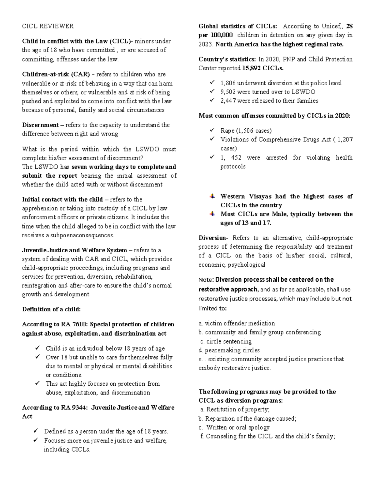 CICL REVIEWER: Understanding Child Offenders and Legal Frameworks - Studocu