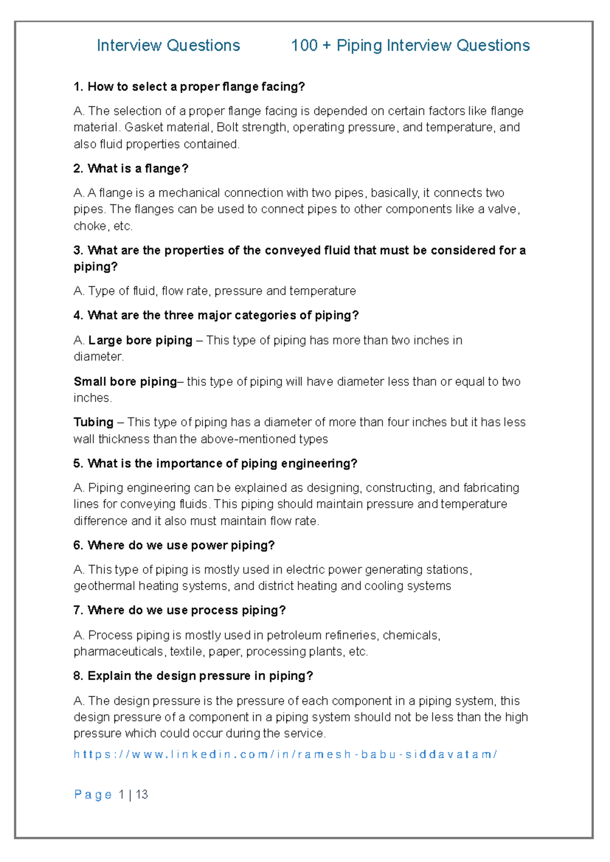 100+ Piping Interview Questions and Answers for Engineering Students ...