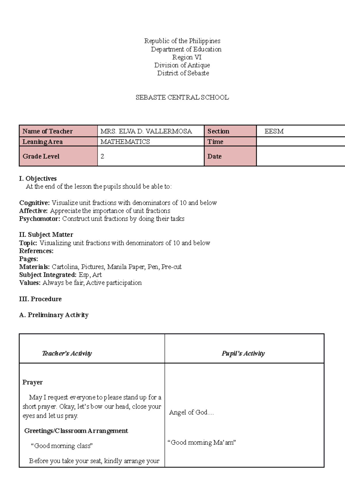 LP in MATH 2: Lesson Plan on Visualizing Unit Fractions - Studocu