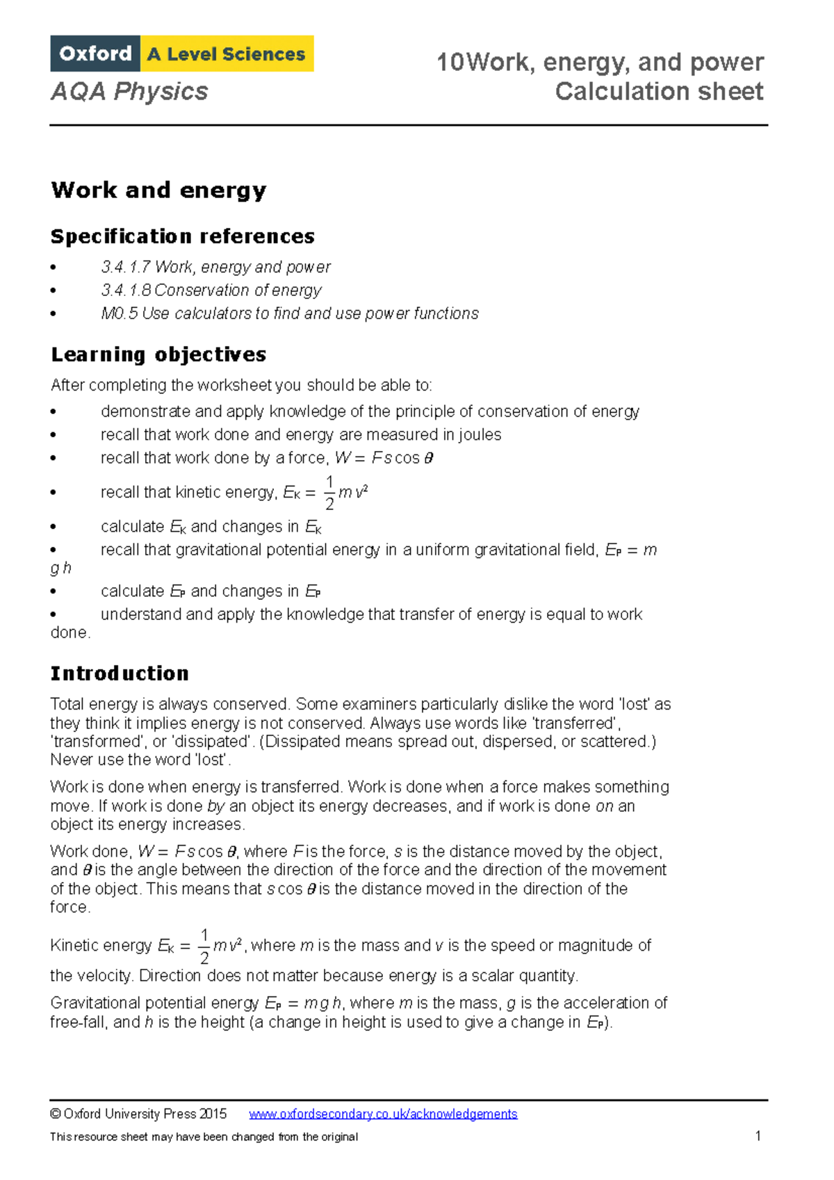 Work and energy questions - 10Work, energy, and power AQA Physics ...