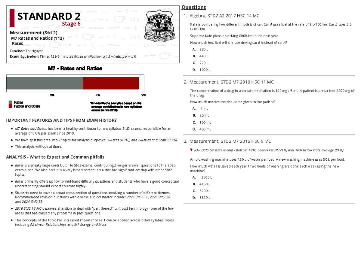 Rates and Ratios Analysis for STD2 M7 HSC Exam Preparation - Studocu