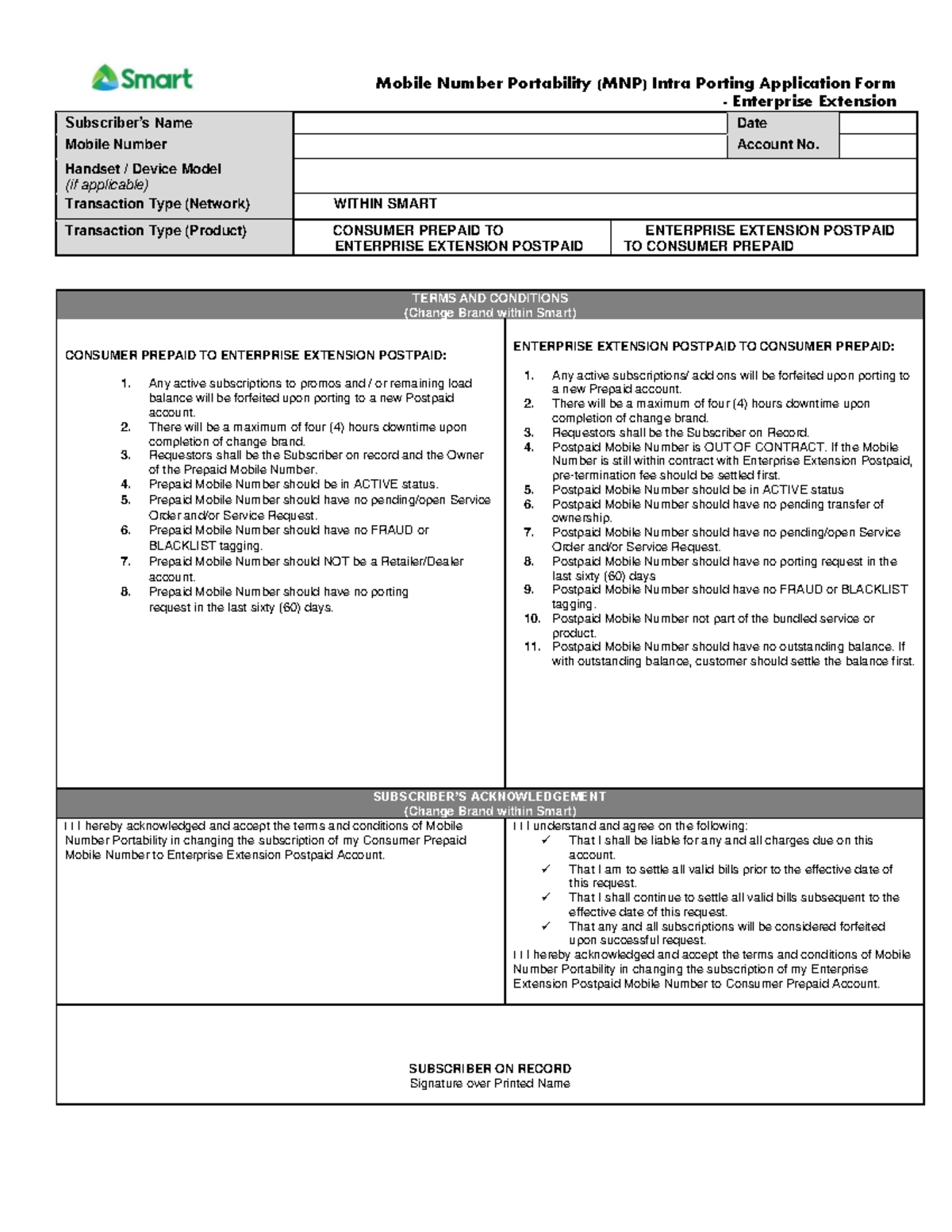 Intra MNP Porting Application Form- Enterprise Extension - Mobile ...