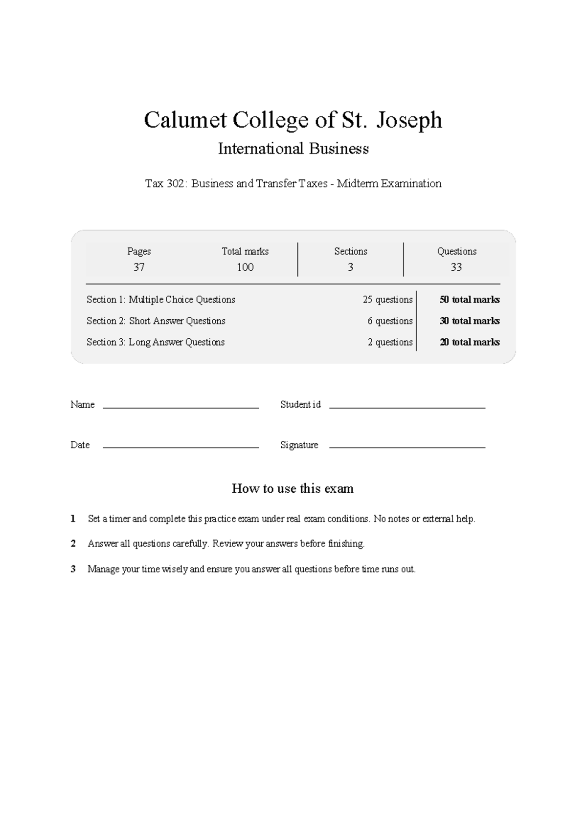 Calumet College of St. Joseph INTL BUS TAX 302: Midterm Exam Practice ...