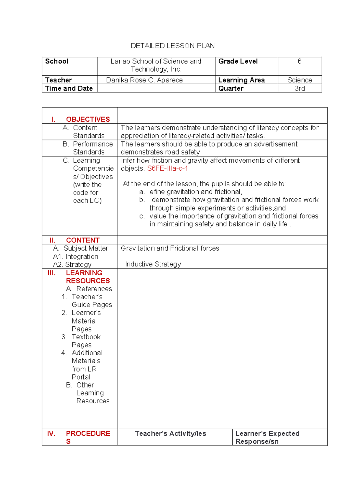 Grade 6 Science Lesson Plan: Gravitational & Frictional Forces - Studocu