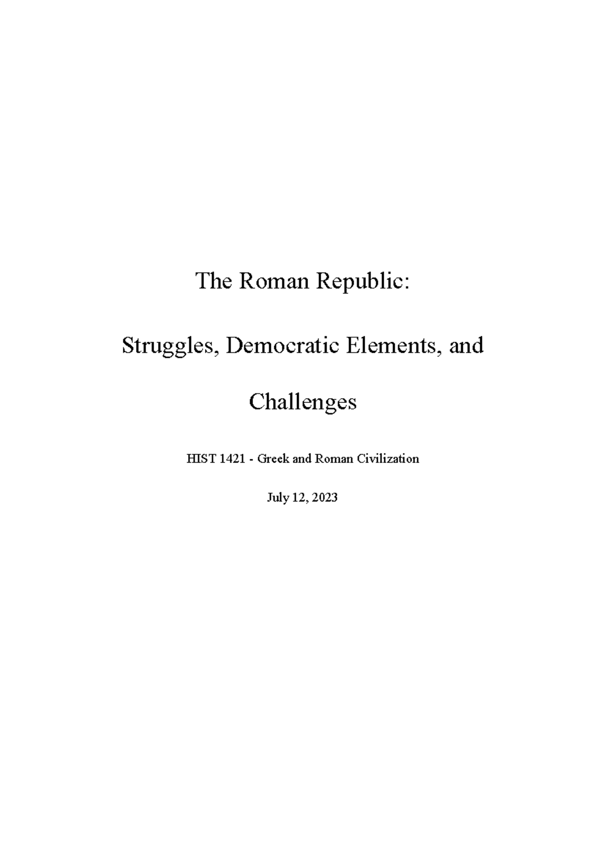 HIST 1421 - The Roman Republic: Democratic Elements & Challenges - Studocu