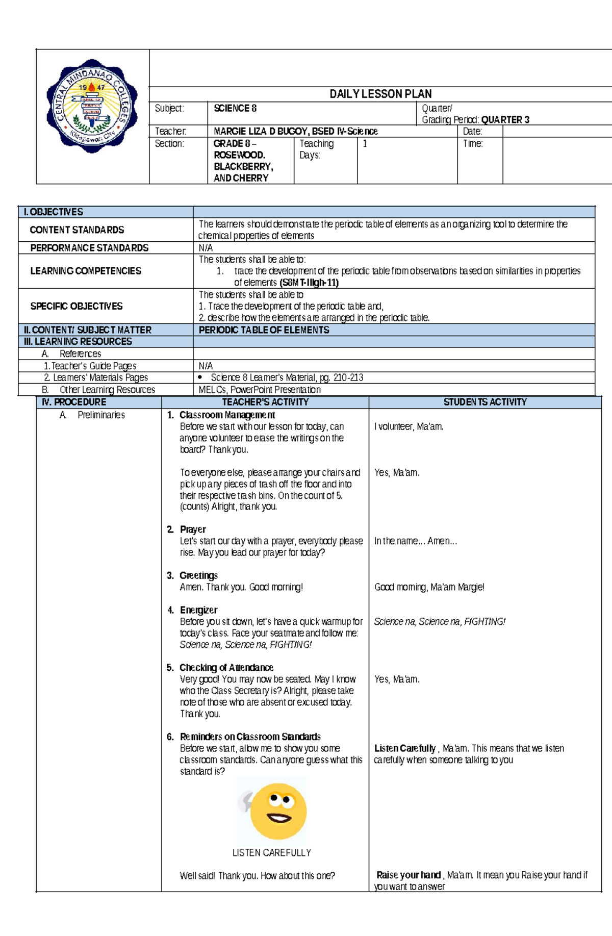 DLP: Science 8 - Lesson Plan on Periodic Table of Elements - Studocu