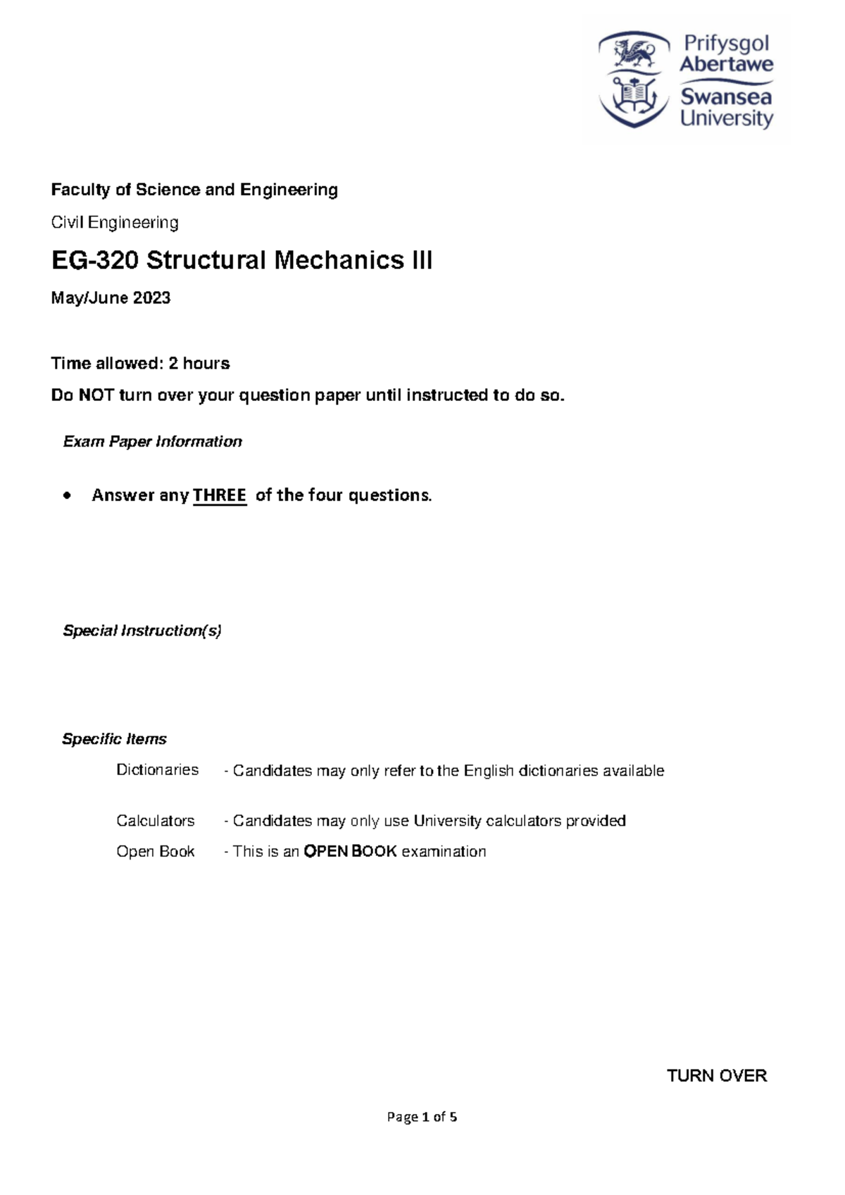 EG-320 Exam Paper TB2 22-23 - Faculty of Science and Engineering Civil ...