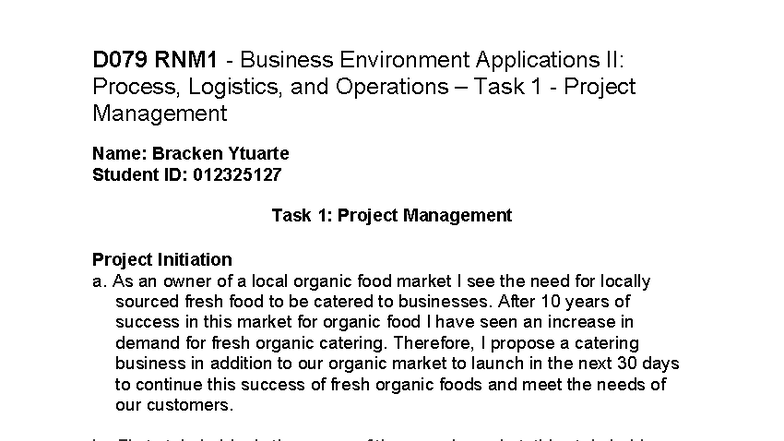 D079 RNM1 Business Environment: Task 1 Project Management Draft - Studocu