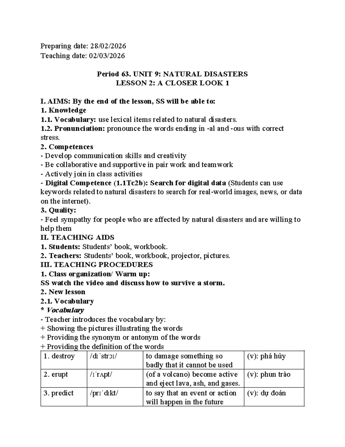 Anh 8 - U9: Natural Disasters Lessons 2 & 3 Overview - Studocu