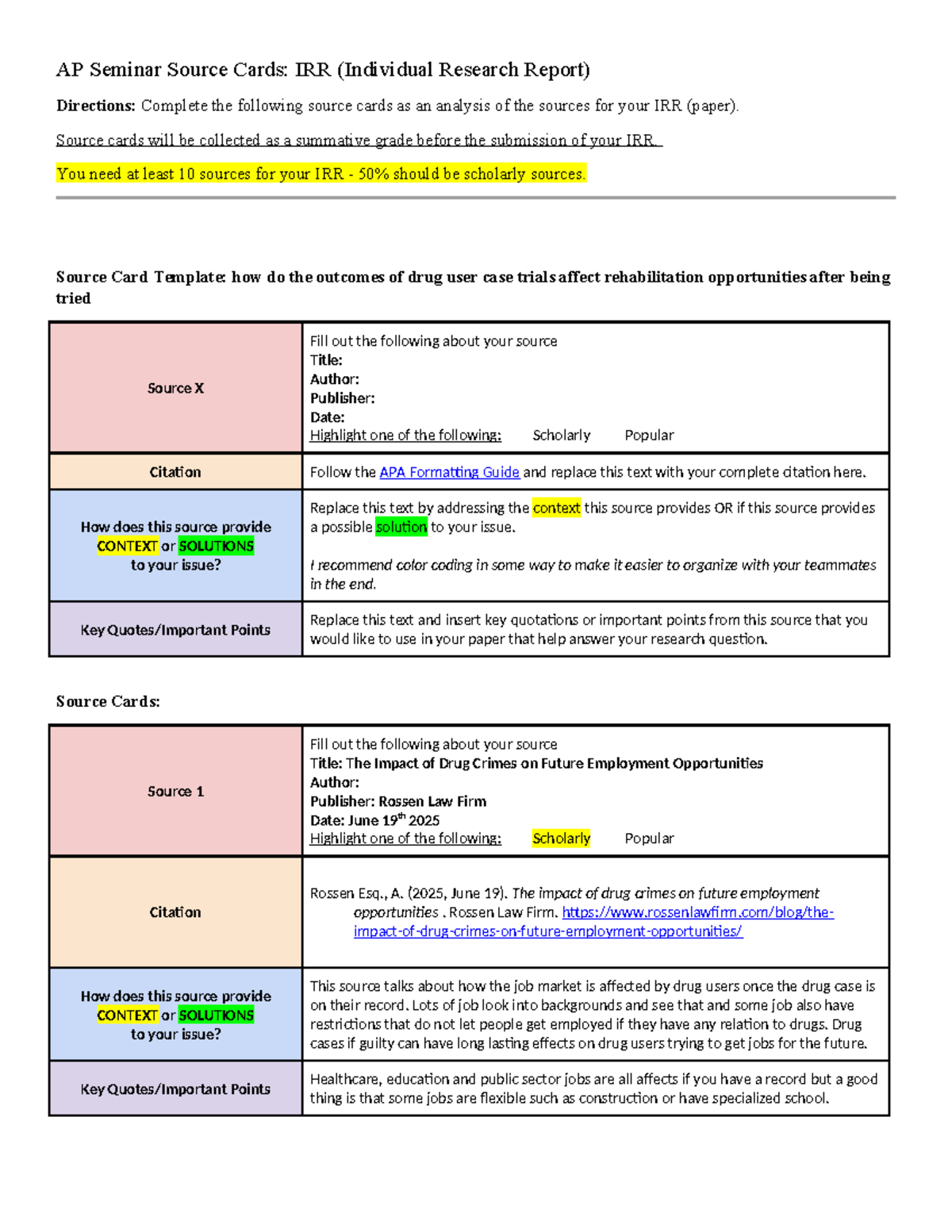 AP Seminar Source Cards: Analyzing Sources for IRR - Studocu