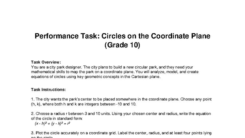 Performance Task: Circles on the Coordinate Plane (Grade 10) - Studocu