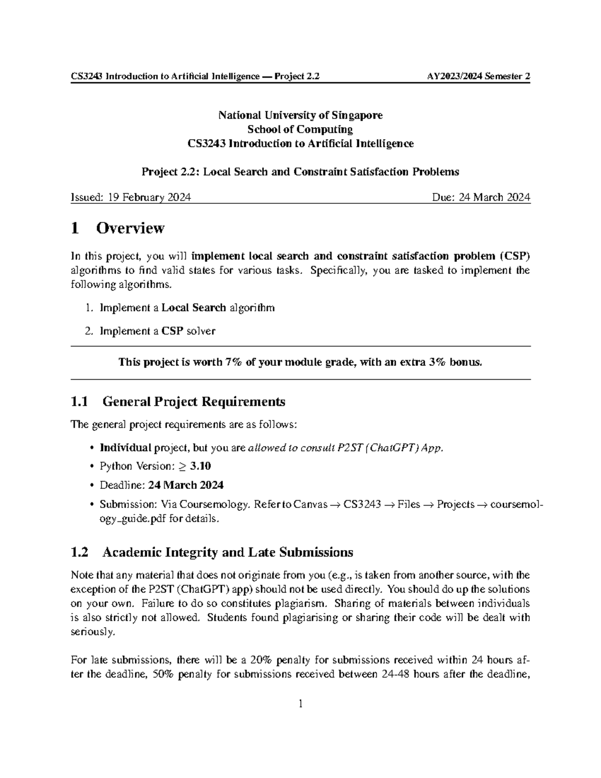 CS3243 Project 2.2: Local Search & CSP Implementation Guide - Studocu