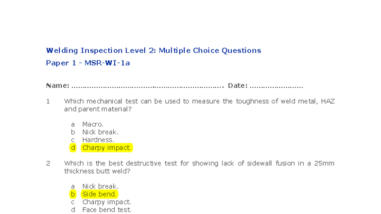 Welding Inspection Level 2: MCQ Paper 1 & 3 (Cswip 3.1 Homework) - Studocu