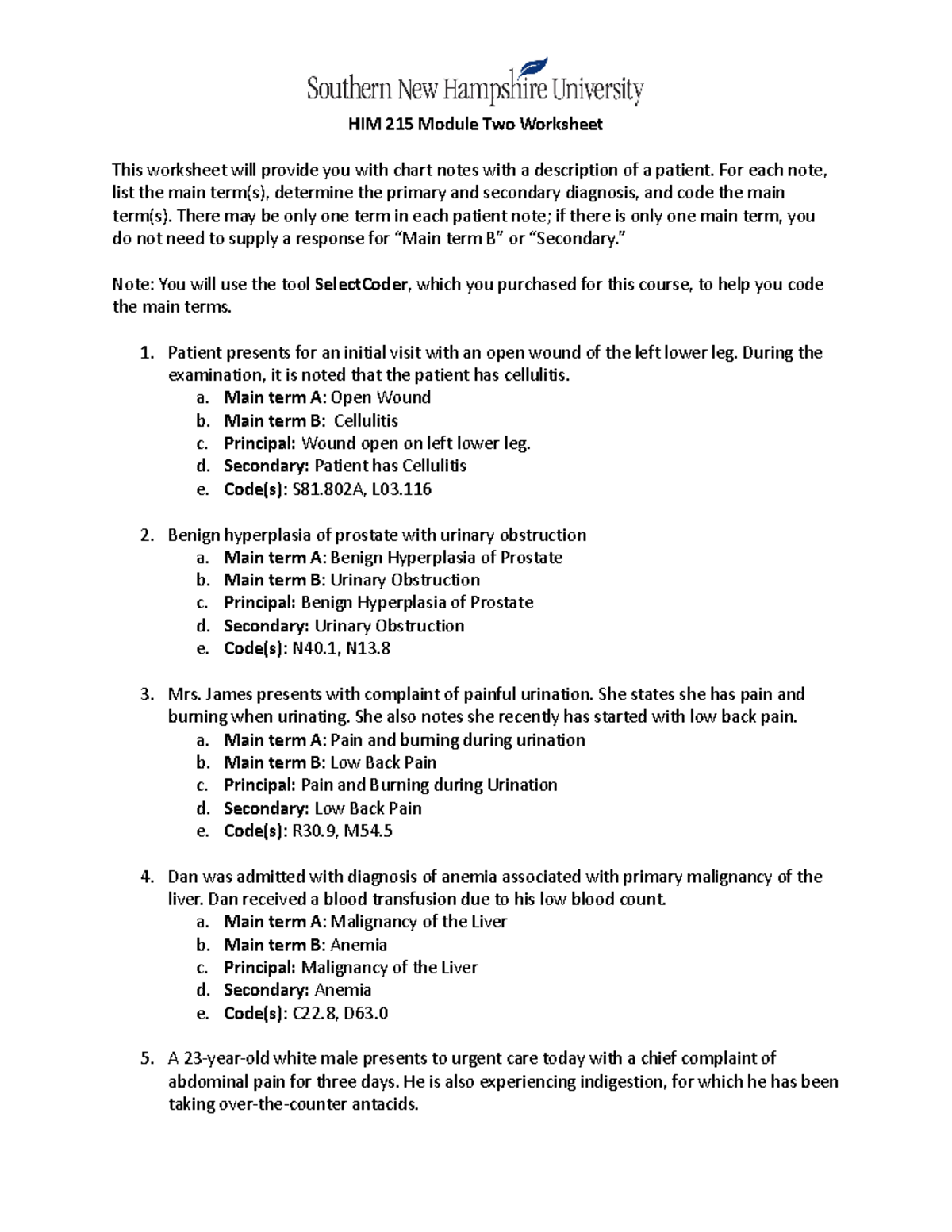 HIM 215 Module Two Coding Worksheet for Patient Notes Analysis - Studocu