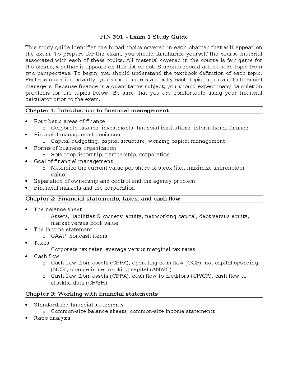 Exam 1 - Study guide - Summary Intro To Business Finance - FIN 301 ...