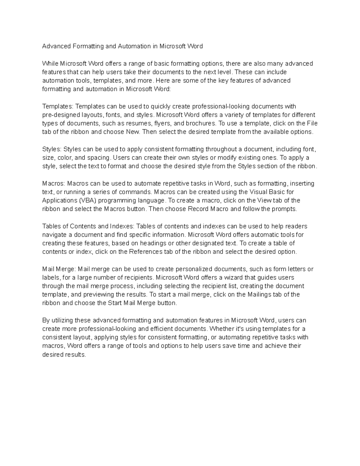 Advanced Formatting and Automation in Microsoft Word - These can include automation tools, - Studocu