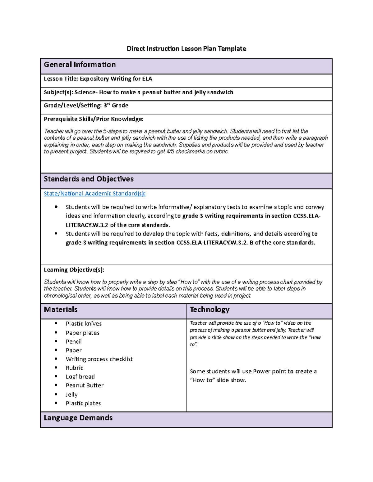 Direct Instruction Lesson Plan: Expository Writing on PB&J Sandwich for ...