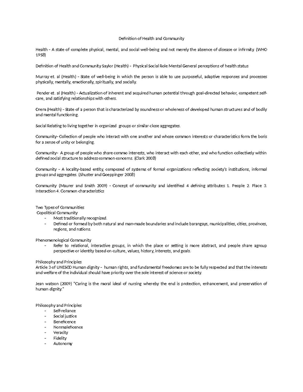 CHN- Notes: Definitions and Principles of Health and Community Health ...