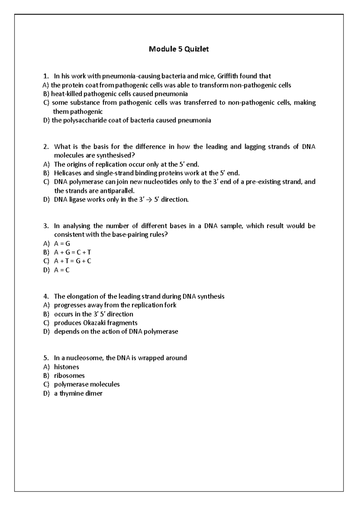 Mod 5 Quizlet 1 - DNA Replication & Transformation Concepts - Studocu