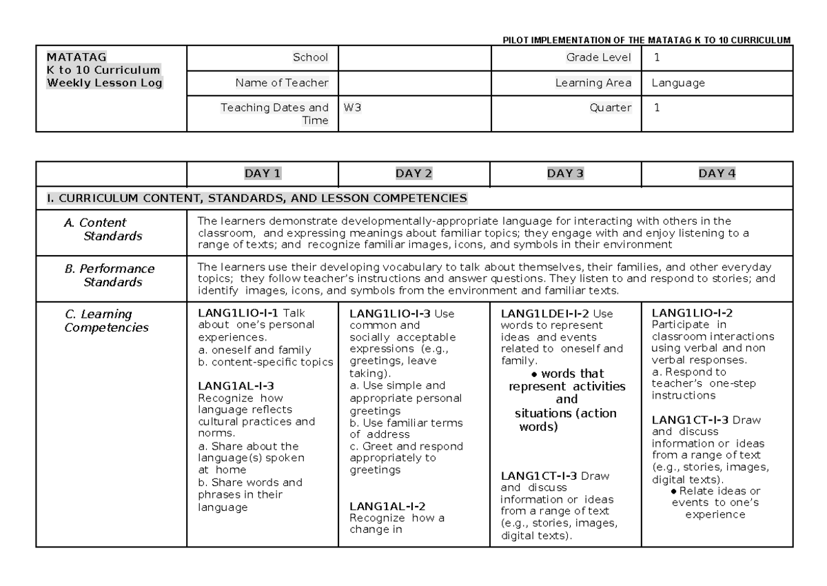 Language LES Q1 W3 Weekly Lesson Plan - MATATAG Curriculum - Studocu