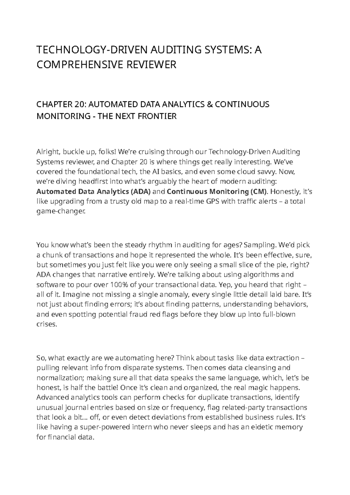 AUDITING SYSTEMS: CH 20 REVIEWER ON AUTOMATED DATA ANALYTICS - Studocu