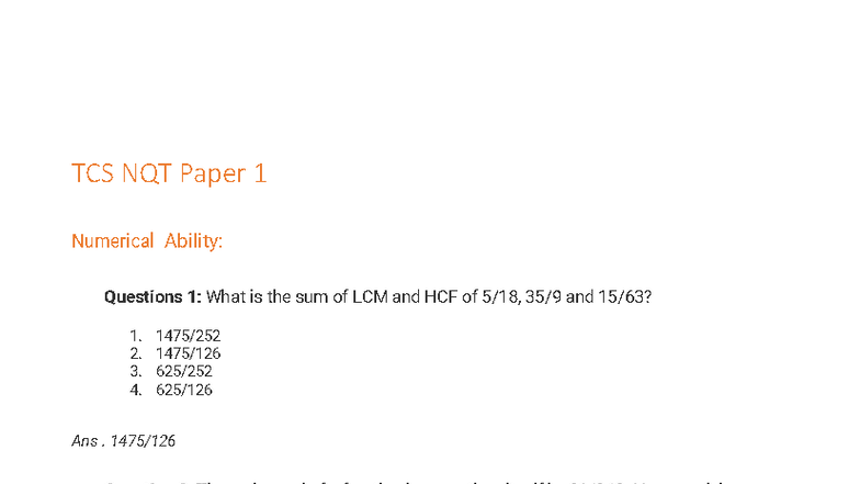 TCS NQT Paper 1: Numerical Ability Questions and Answers - Studocu