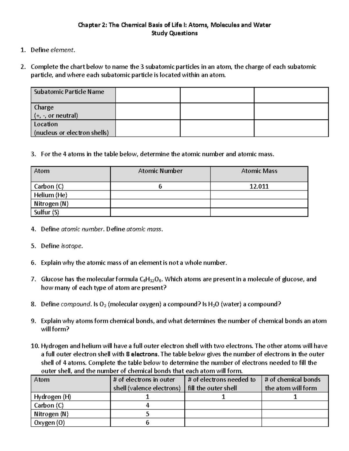 Biology 101: Chapter 2 - Study Questions on Atoms & Molecules - Studocu