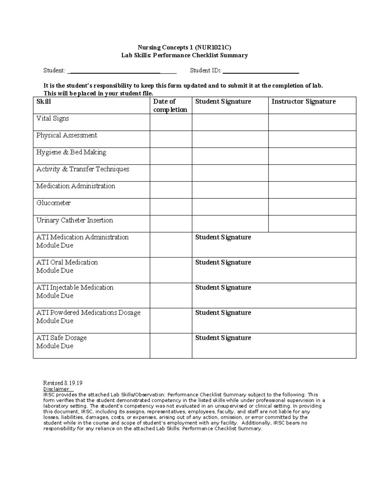 NUR1021C Lab Skills Performance Checklist Summary 2023 - Studocu