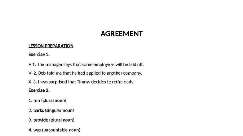 ENG 101: Lesson Preparation on Agreement and Vocabulary - Studocu