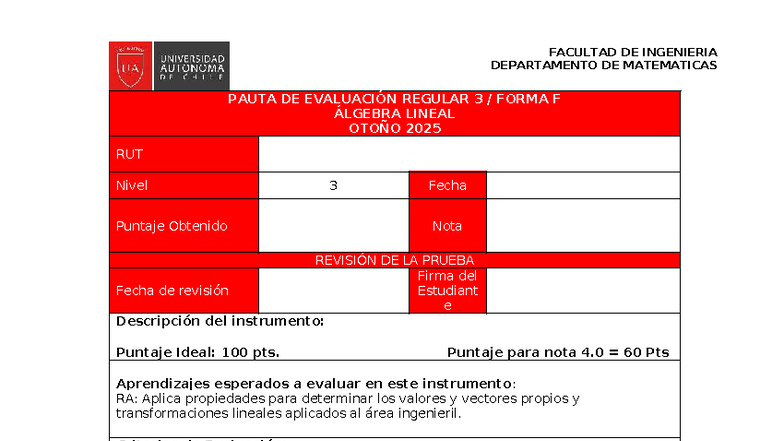 Pauta de Evaluación Regular 3 - Álgebra Lineal Otoño 2025 - Studocu